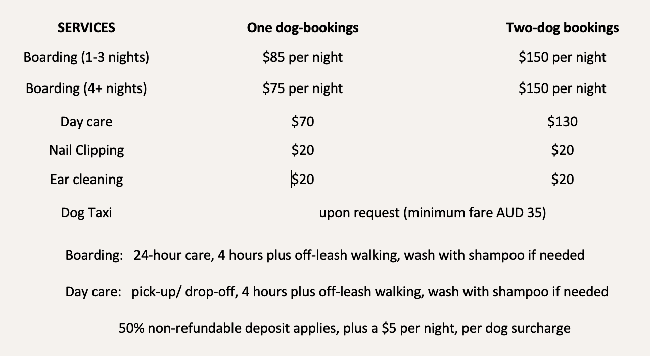 Our prices — Olga's dog resort